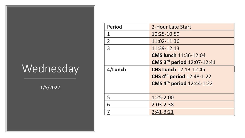 2-Hour Late Start Schedule | Chamberlain Middle & High School